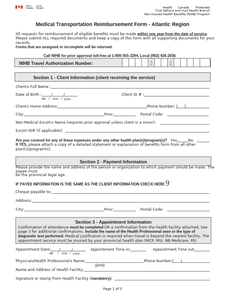 NIHB Medical Transportation Form | PDF | Cheque | Payments