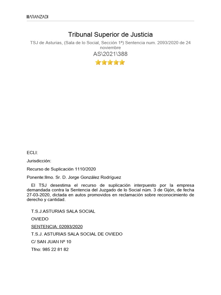 Jur - TSJ de Asturias, (Sala de Lo Social, Seccion 1a) Sentencia Num. 2093-2020 de 24 Novi - AS ...