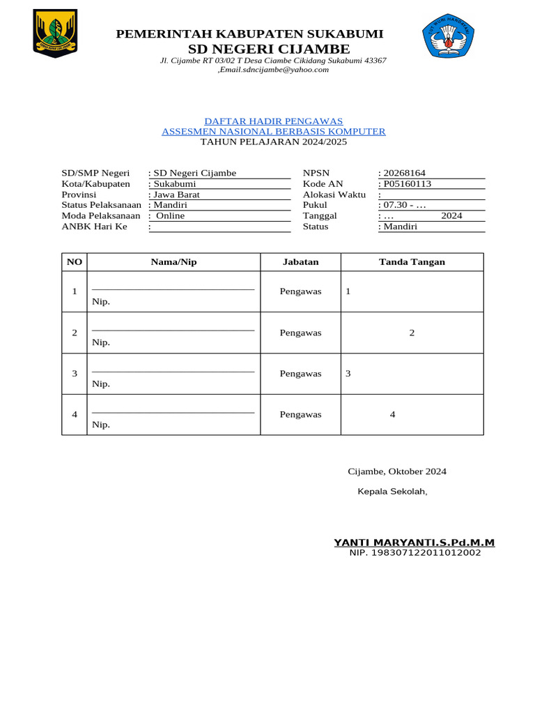 Daftar Hadir Pengawas ANBK Tahun 2021 | PDF
