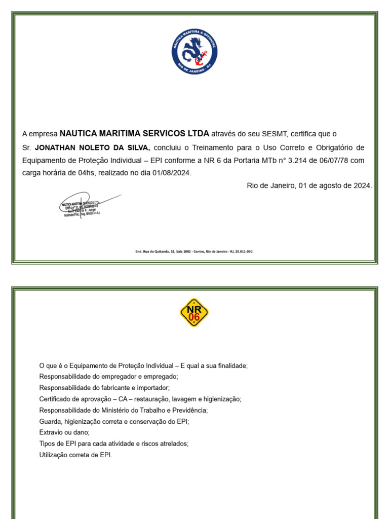 Certificado NR 06 - Jonathan Noleto Da Silva | PDF