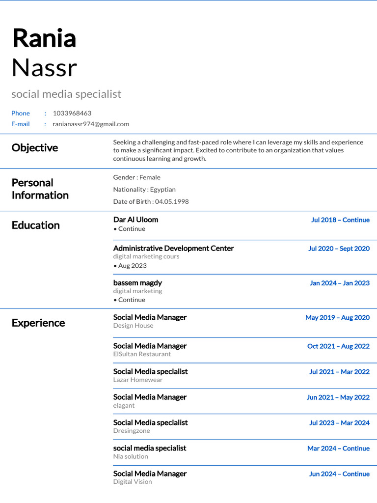 Rania Nasr: Social Media Specialist Profile | PDF