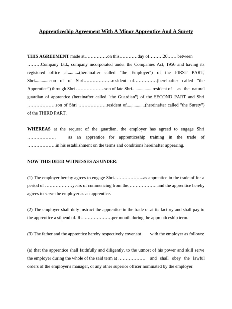 Apprenticeship Agreement With A Minor Apprentice and A Surety | PDF ...