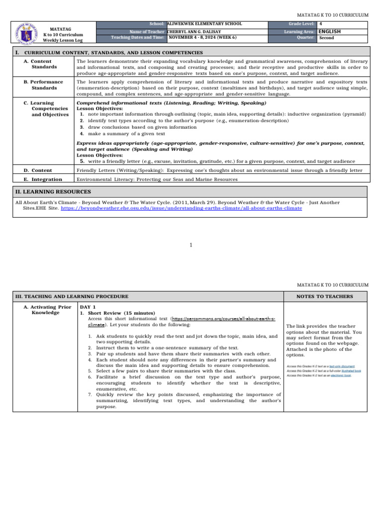 DLL Matatag - English 4 Q2 W6 | PDF | Reading Comprehension | Curriculum