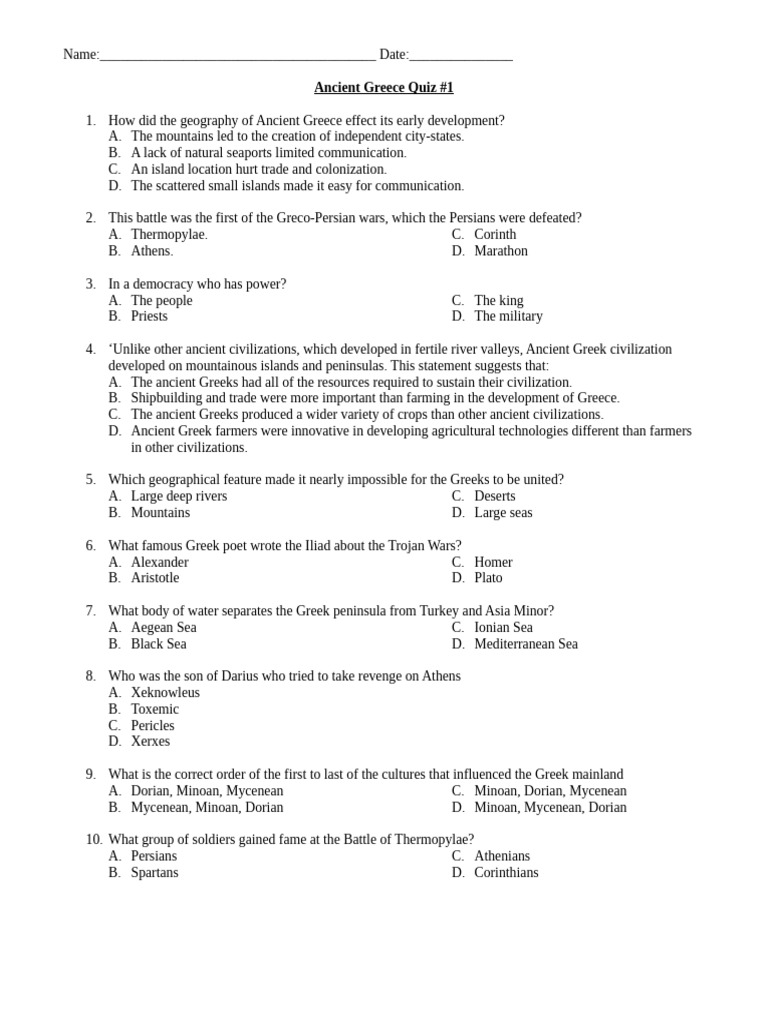 Ancient Greece Quiz 1 Pdf Ancient Greece Greeks