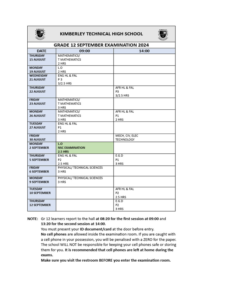 GR 12 Sept Exam Timetable 2024 F | PDF