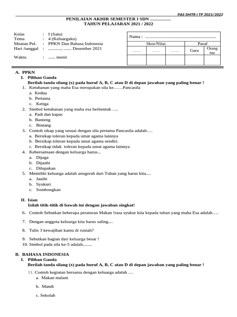 Soal Pas Tema 4 Kelas 1 (PPKN Dan Bahasa Indonesia) SMT 1 | PDF