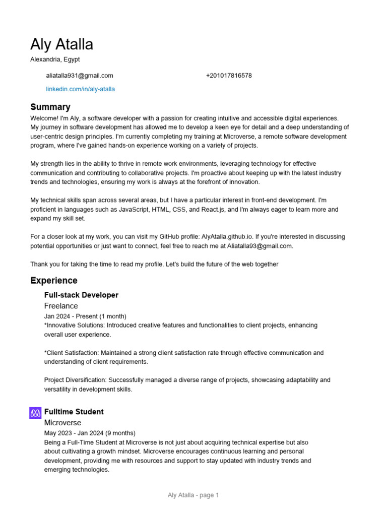 Resume-Aly-Atalla | PDF | Learning | Lesson Plan