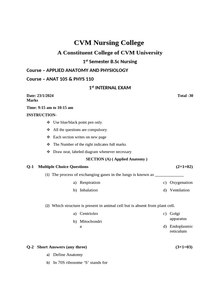Anatomy Physiology BSC Paper 1ST Sem | PDF | Respiratory System | Blood