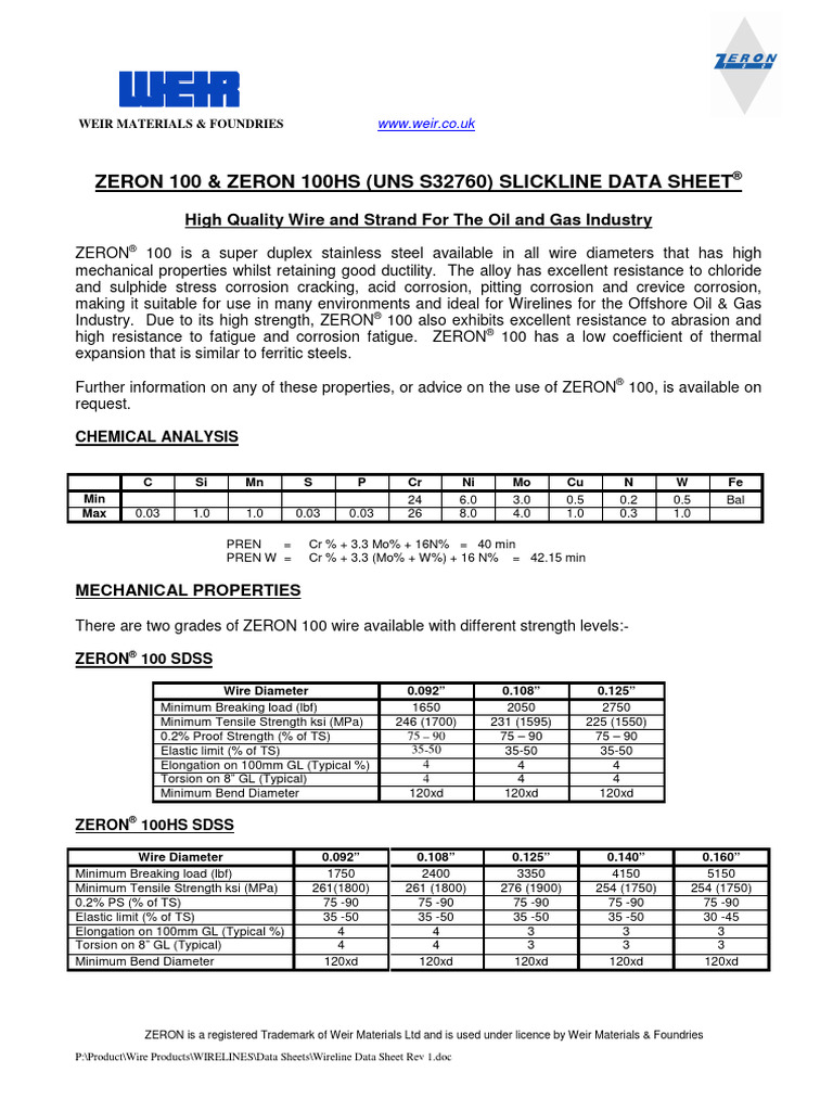 ZERON 100 Slickline Properties Data Sheet | PDF | Materials | Physical ...