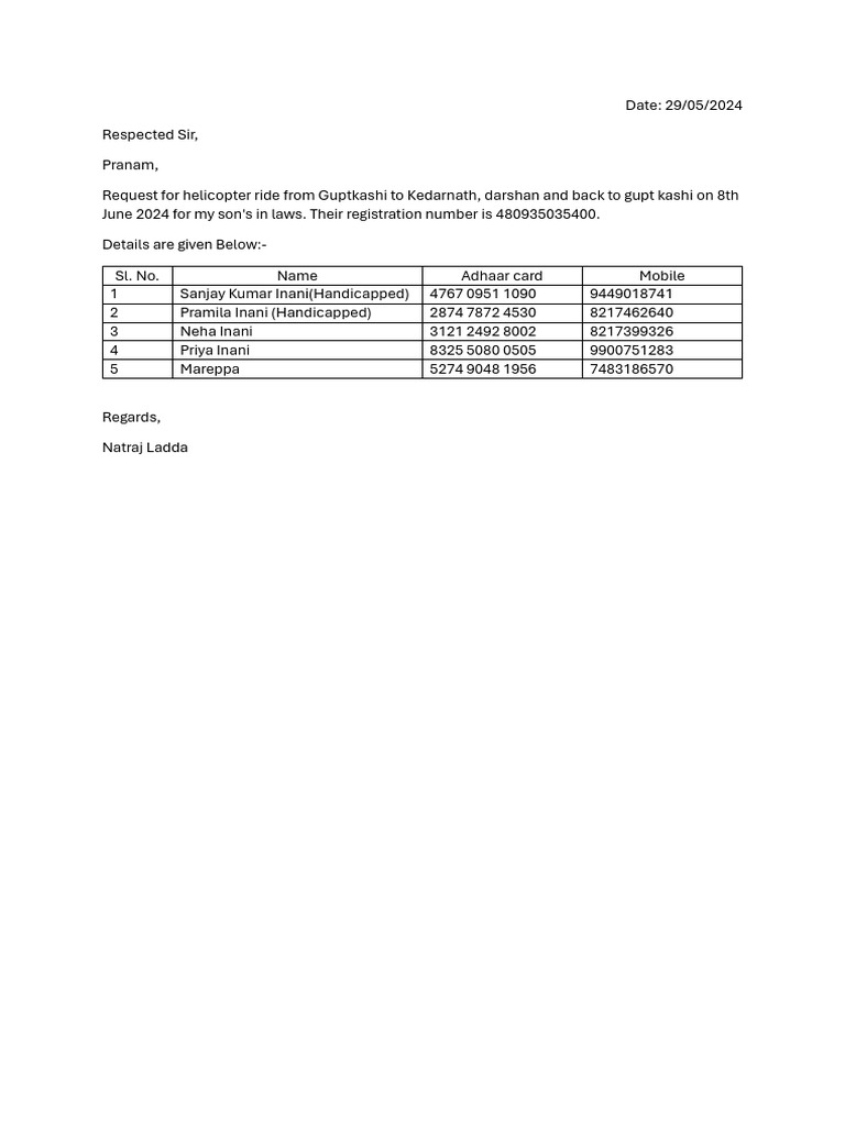 Letter For Helicopter Ride | PDF