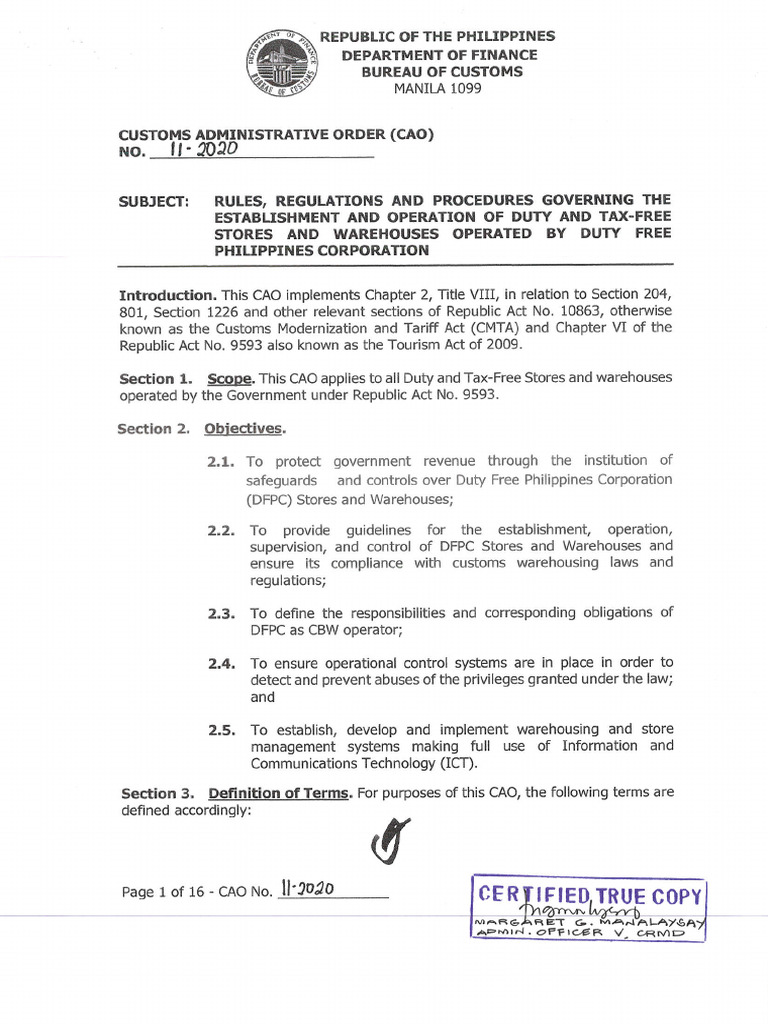 BOC Customs Administrative Order No 11 2020 | PDF