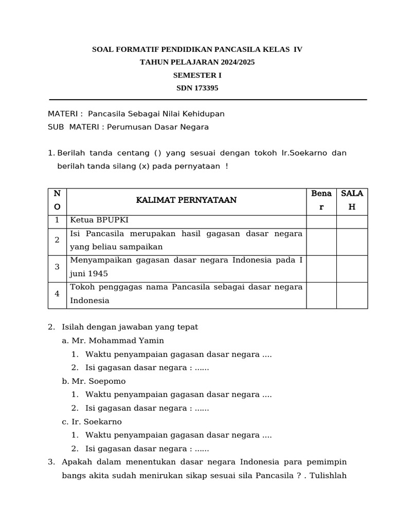 SOAL FORMATIF PPKN KELAS IV | PDF | Kajian Bahasa Asing
