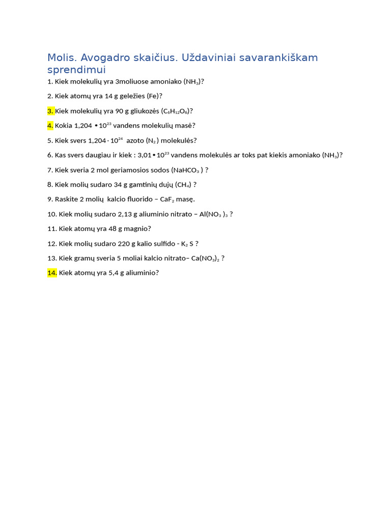 Molis. Avogadro Skaicius. Uzdaviniai Savarankiskam Sprendimui | PDF
