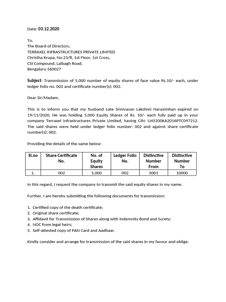 Application For Transmission of Shares | PDF