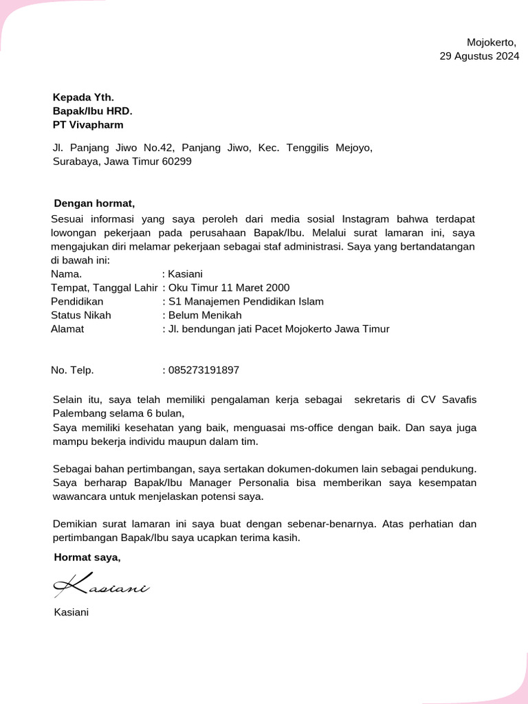 Surat Lamaran Kasiani | PDF