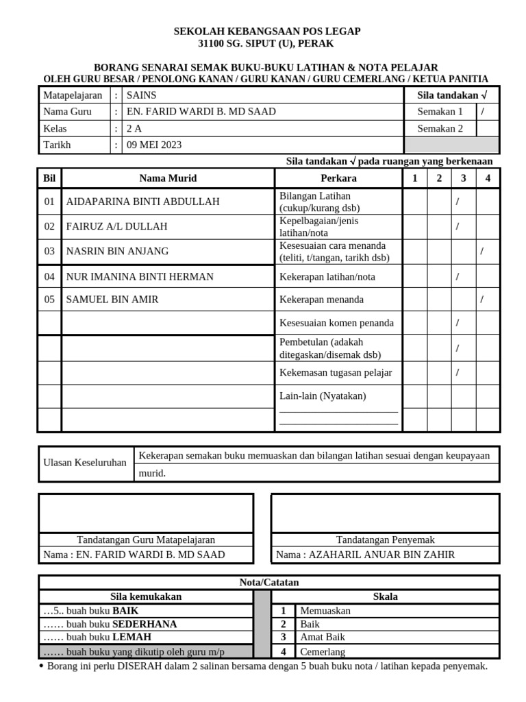 Borang Semakan Buku Latihan Murid SK POS LEGAP | PDF