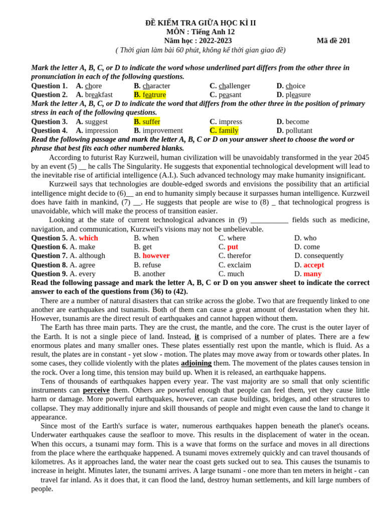 Đề GK HK2 - GRADE 12-1 | PDF | Tsunami | Earthquakes
