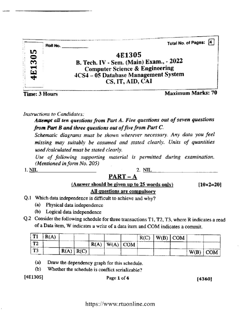 Btech Cs It Aid Cai 4 Sem Database Management System 4e1305 2022 | PDF