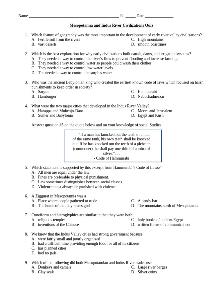 Mesopotamia and Indus River Civilization Quiz | PDF | Mesopotamia ...