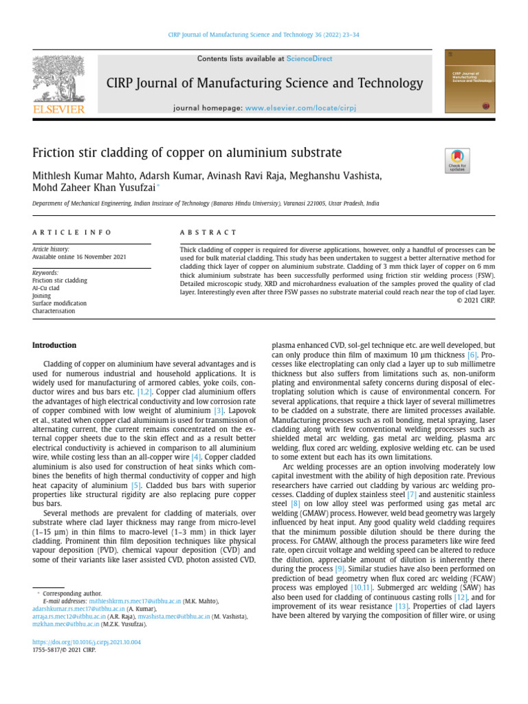 CIRP Journal of Manufacturing Science and Technology: Friction Stir ...