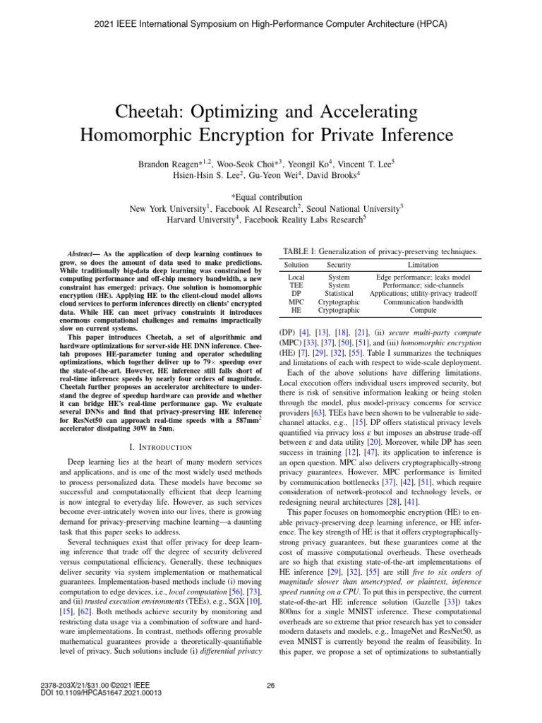 Cheetah: Optimizing and Accelerating Homomorphic Encryption For Private Inference | PDF ...