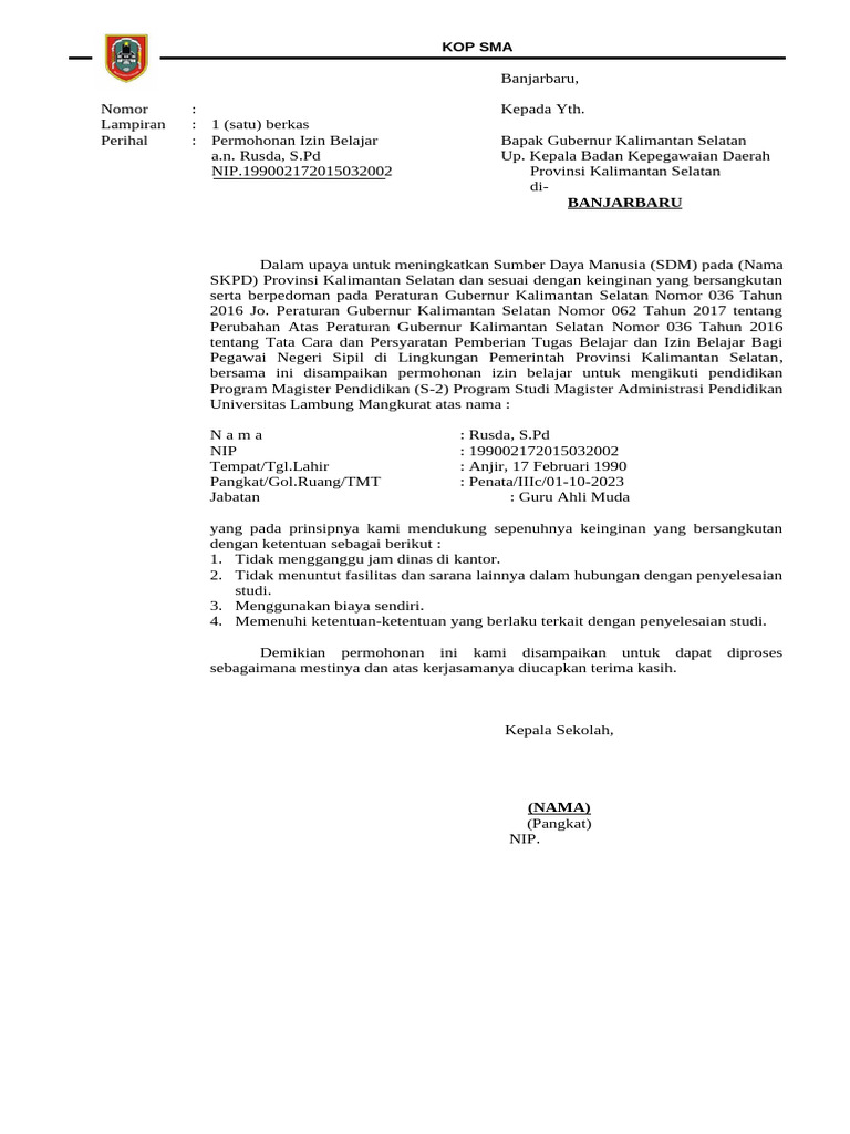 Contoh Surat Permohonan Izin Belajar Kepada Gubernur Up. Kepala BKD | PDF