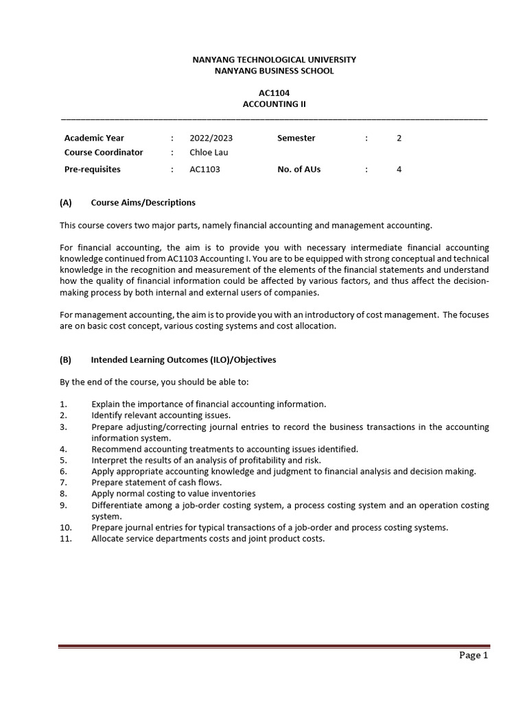 AC1104 Course Outline Sem 2 - AY2223 | PDF | Accounting | Financial ...