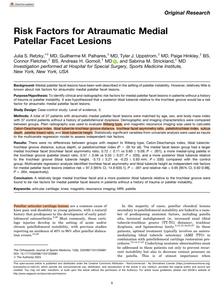 Risk Factors For Atraumatic Medial Patellar Facet Lesions | PDF | Knee ...
