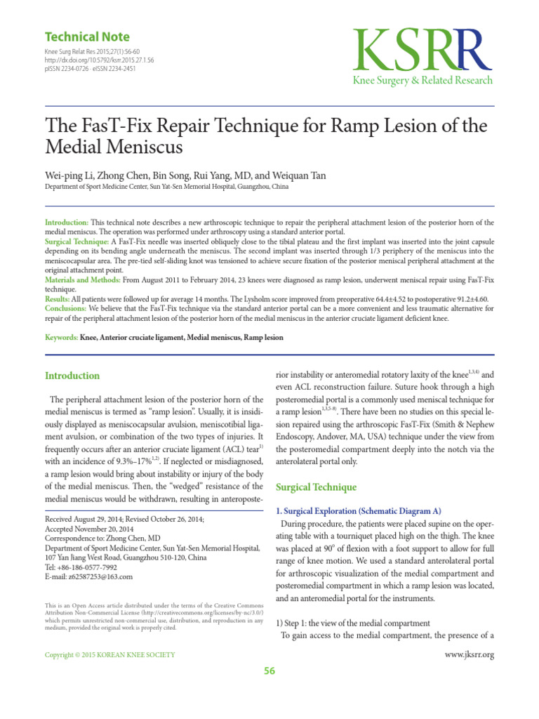 The FasT-Fix Repair Technique For Ramp Lesion of The Medial Meniscus ...