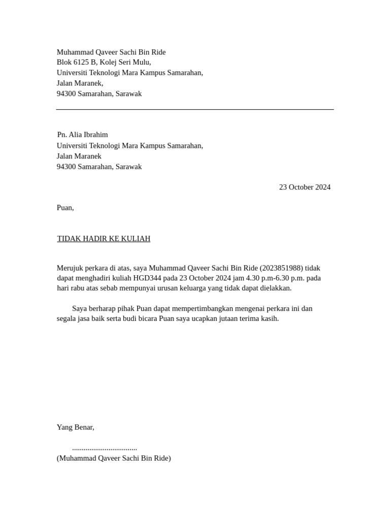 Alasan Ketidakhadiran Kuliah HGD344 | PDF