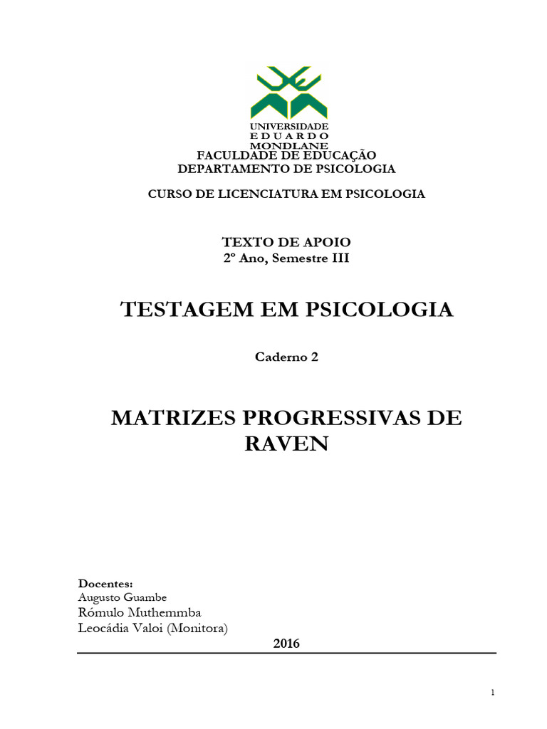 Caderno de Matrizes Progressivas de Raven PDF | PDF | Psicologia | Tempo