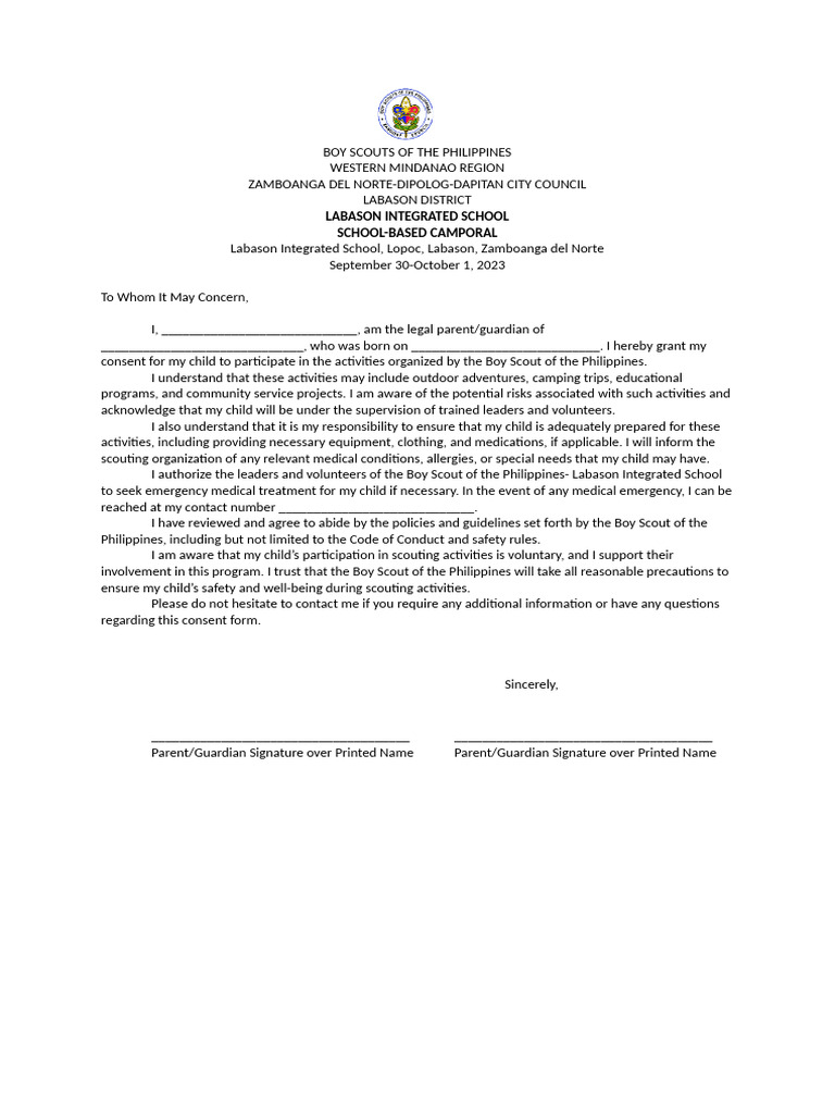 Parent Consent for Boy Scout Activities | PDF | Informed Consent