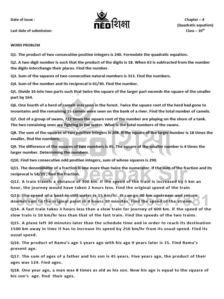Neo Shiksha Math CH 4 Quadratic Equation | PDF | Numbers | Triangle