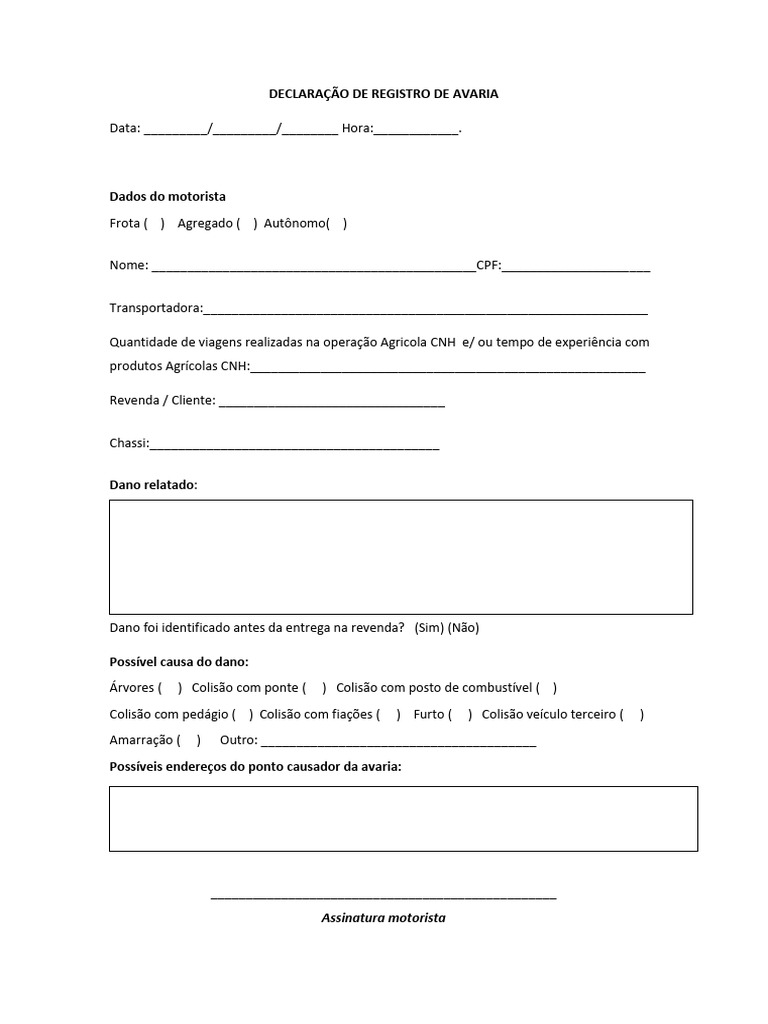 Declaração de Registro de Avaria | PDF