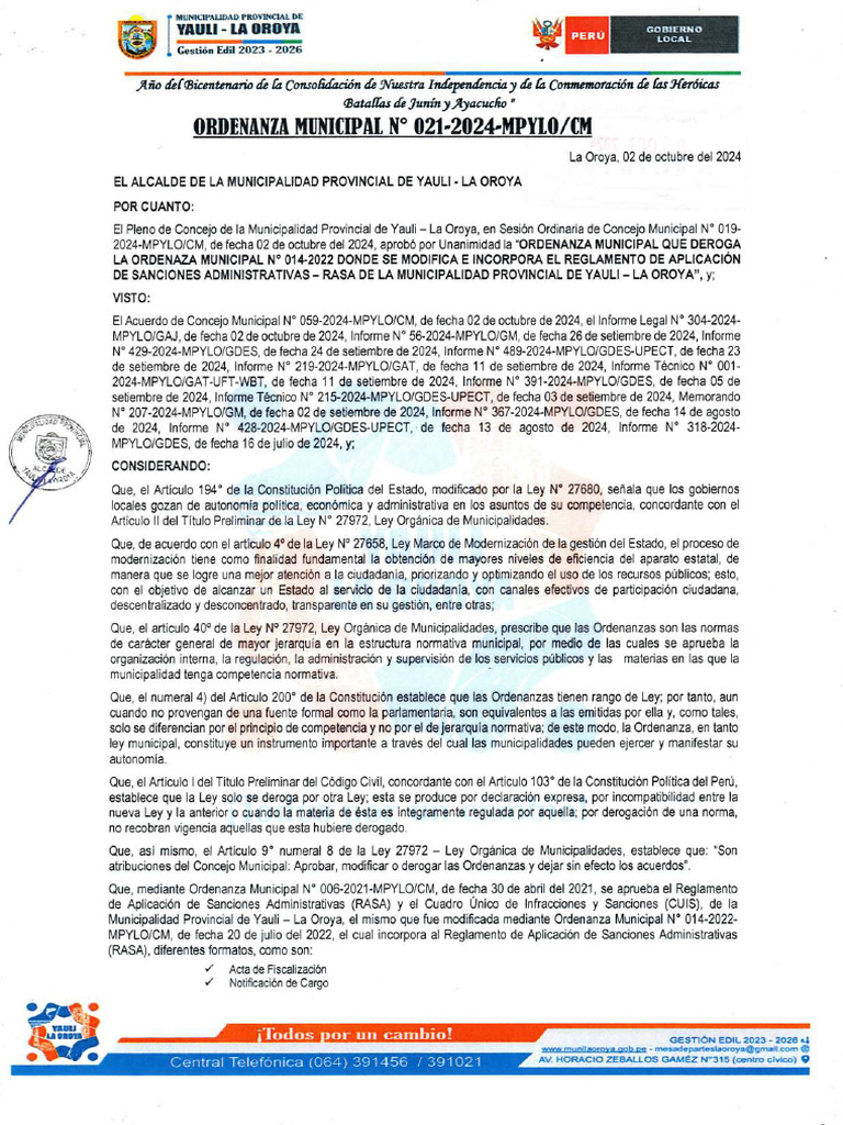 Ordenanza Municipal 021 2024 MPYLO | PDF