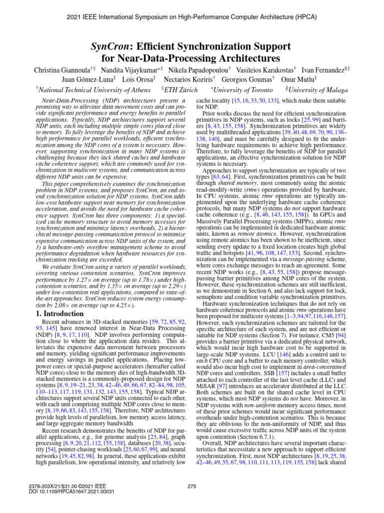 Syncron Efficient Synchronization Support For Near Data Processing