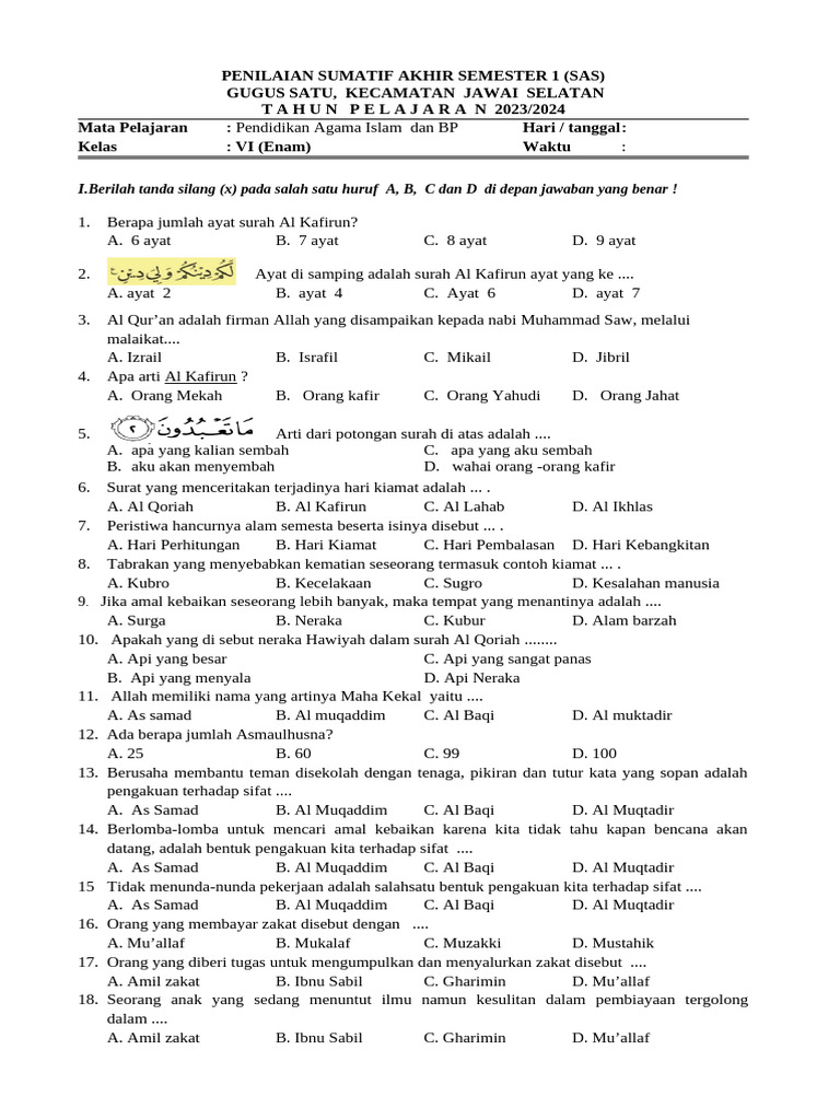 SOAL KLS 6 SAS Semester 1 | PDF