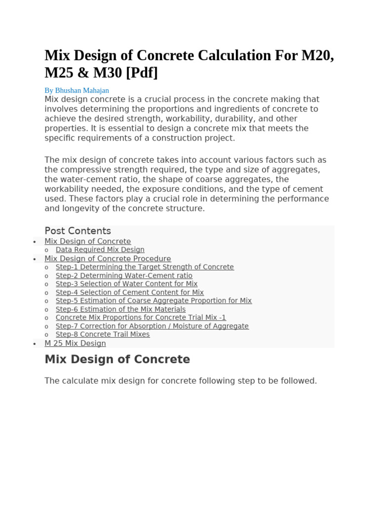 M20 Concrete Mix Design Calculations | PDF | Concrete | Construction ...