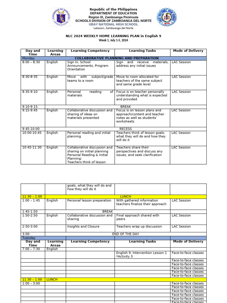 NLC Weekly Learning Plan | PDF | Teachers | Teaching
