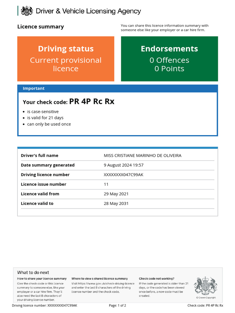 Provisional Driving Licence Summary | PDF