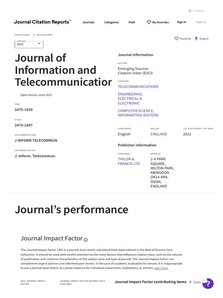 Journal Citation Reports - Journal Profile | PDF | Science | Publishing