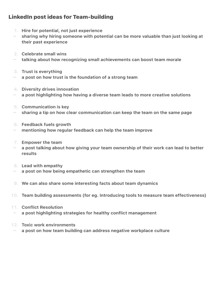 LinkedIn Post Ideas For Team-Building | PDF | Career & Growth | Self ...