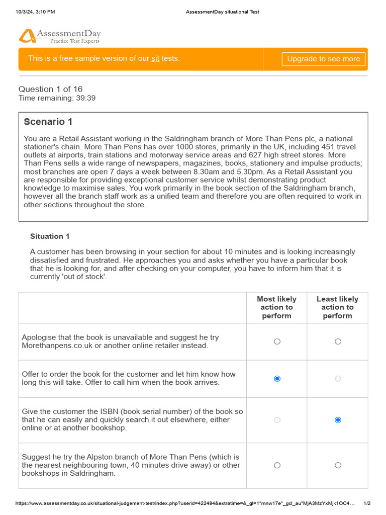 Retail Situational Judgement Test Sample | PDF | Books