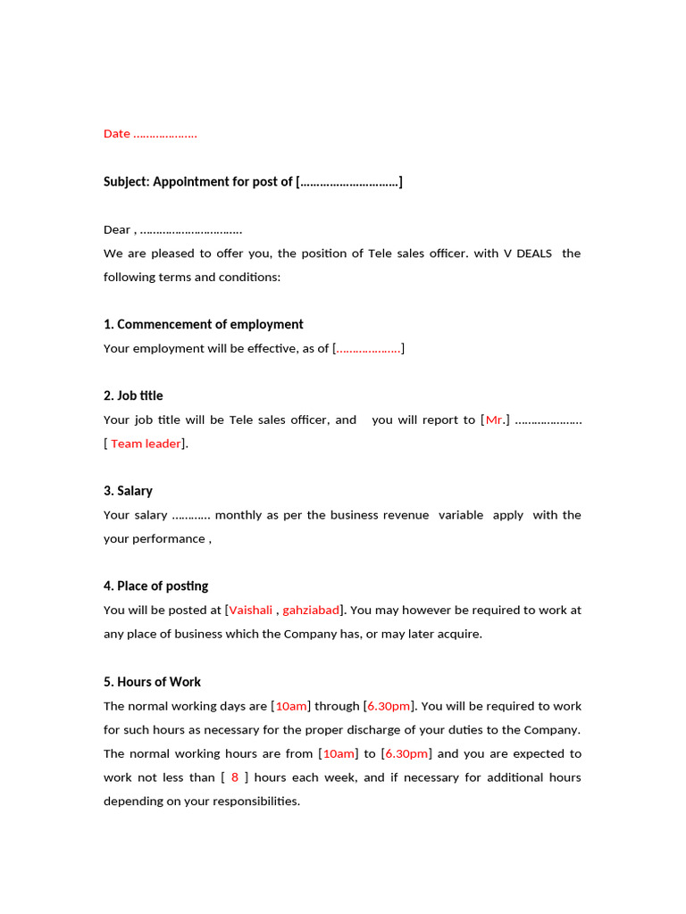 Appointment Letter Format | PDF | Confidentiality | Employment