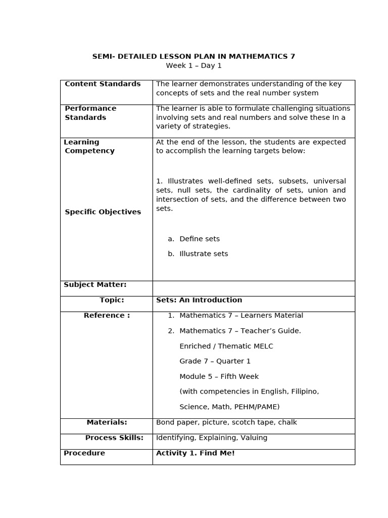 MATH-7-Q1-W1-D1 | PDF | Learning | Lesson Plan