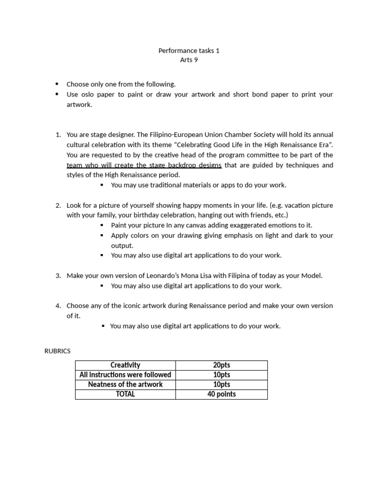 Performance Tasks 1 ARTS | PDF