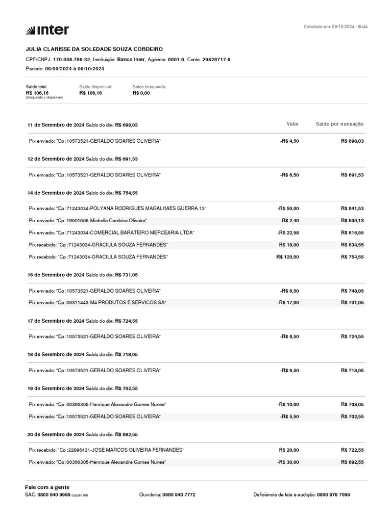 Extrato Bancário Banco Inter: Set 2024 | PDF | Tecnologia bancária ...