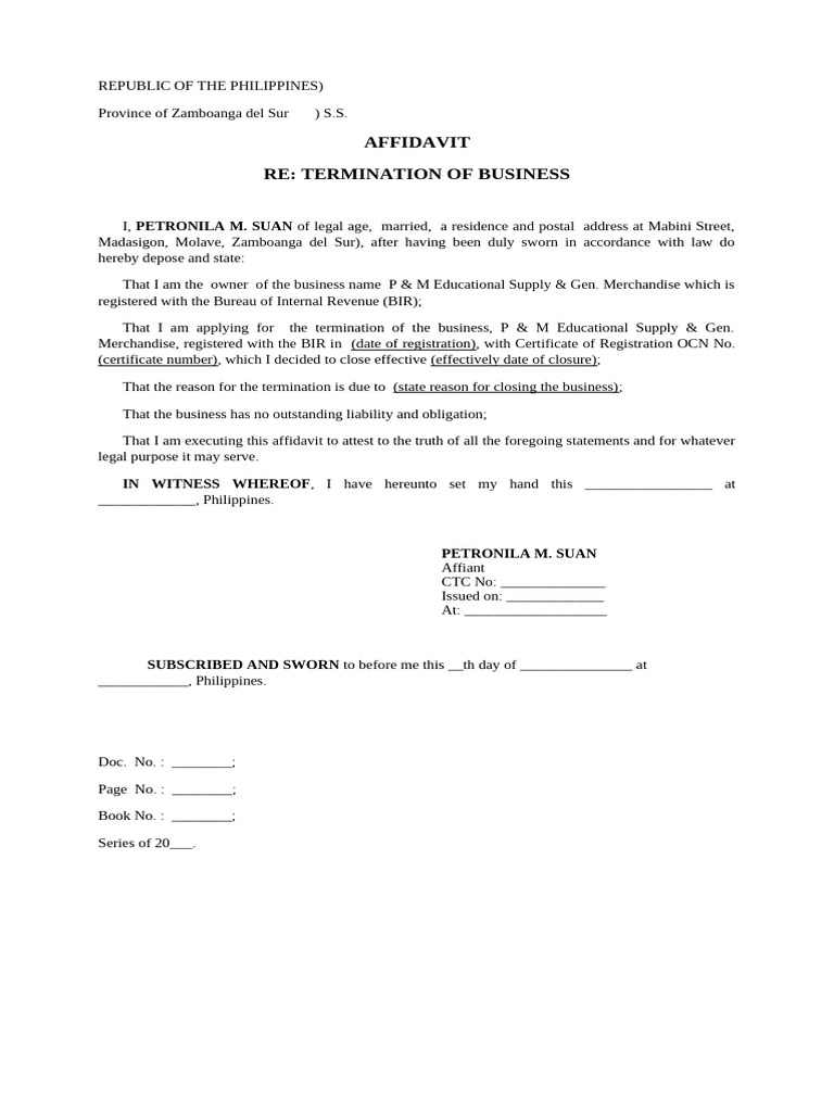 Affidavit of Business Termination | PDF