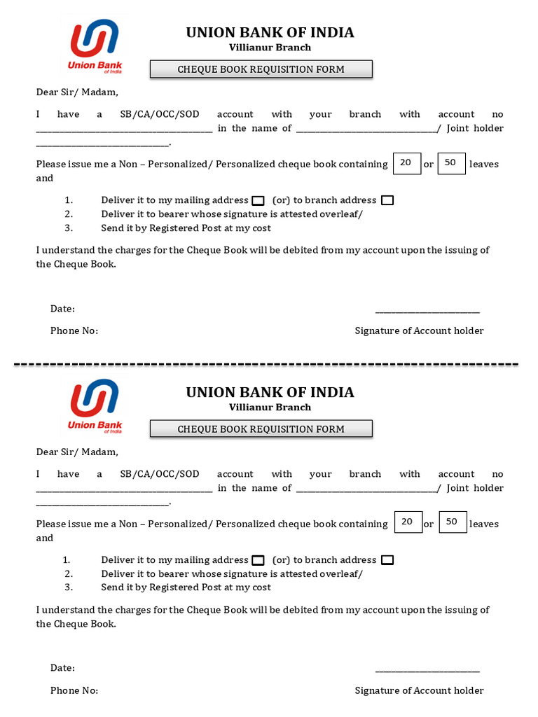 Cheque Book Request Form - Union Bank | PDF