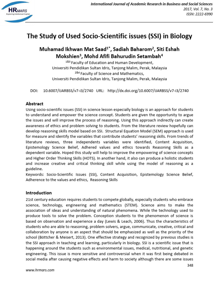The Study of Used Socio-Scientific Issues (SSI) in Biology | PDF | Science | Reason